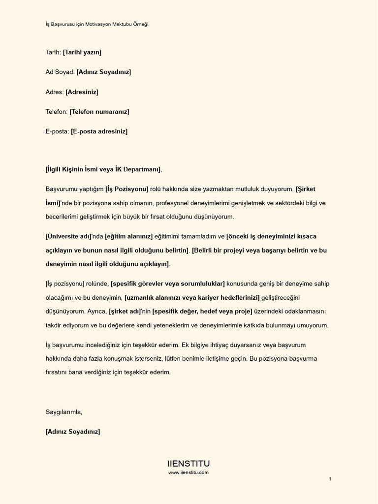 Is Basvurusu Icin Motivasyon Mektubu Ornegi | PDF