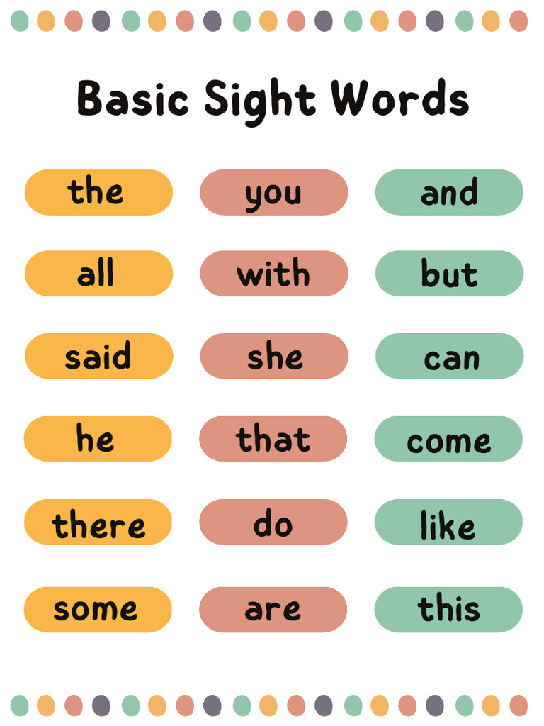 Colorful Simple Aesthetic Basic Sight Words English Poster | PDF