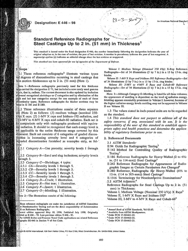 014-Astm e 446 (1998) Standard Reference Radiographs For Steel Castings Up To 2 In. (51 MM) in ...