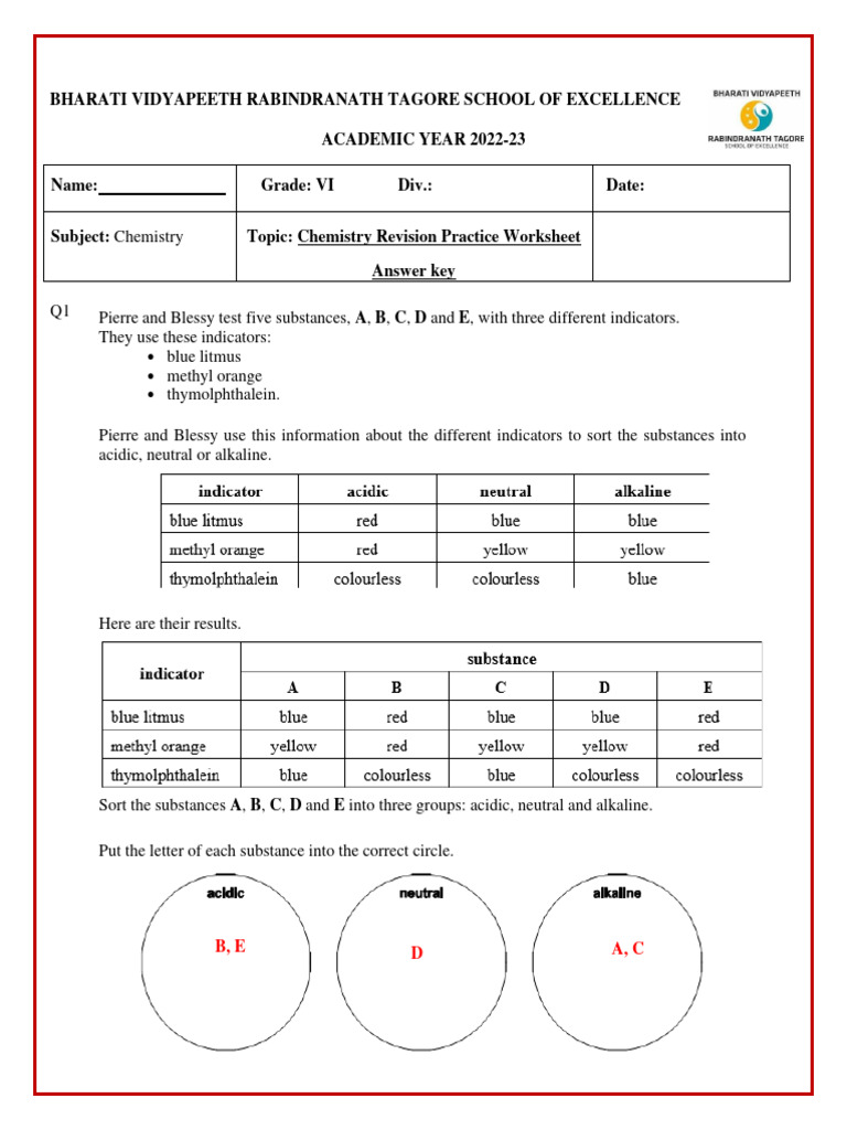 Practice Revision WS1 Answer Key Grade 6 | PDF | Chemical Substances | Chemistry