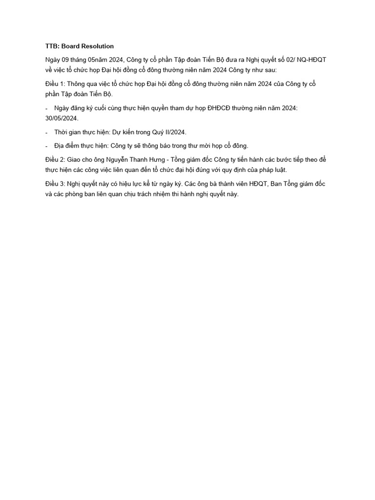 6323.TTB 2024.05.13 Board Resolution | PDF