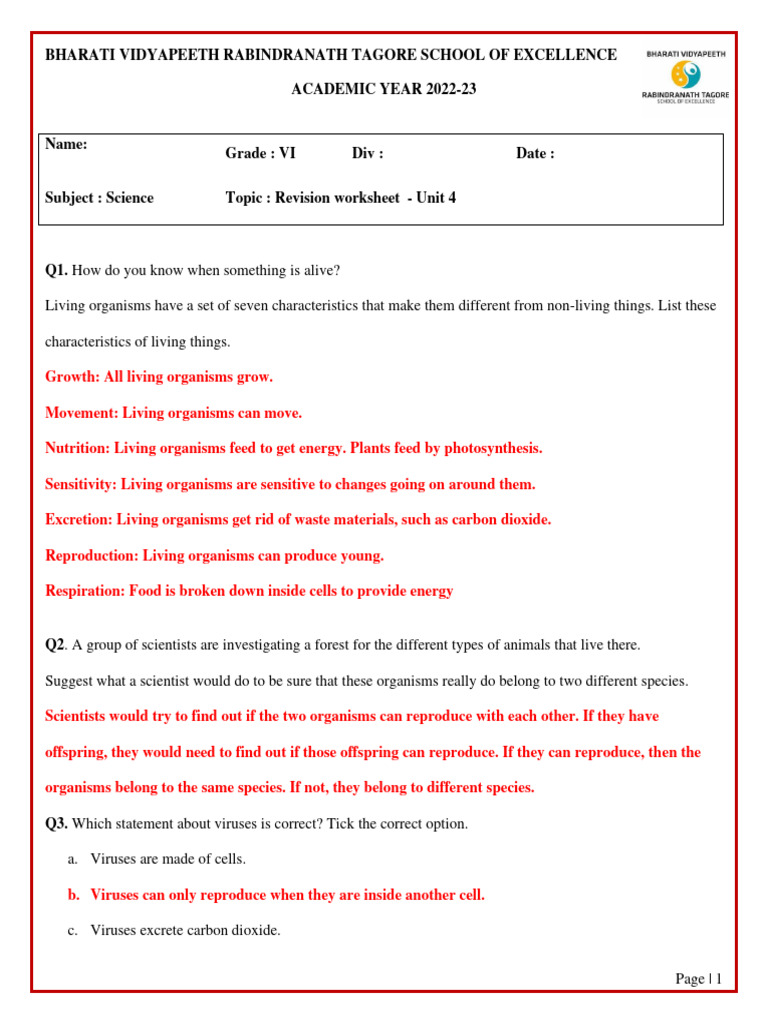 Grade VI Science Revision Worksheet | PDF | Reproduction | Organisms