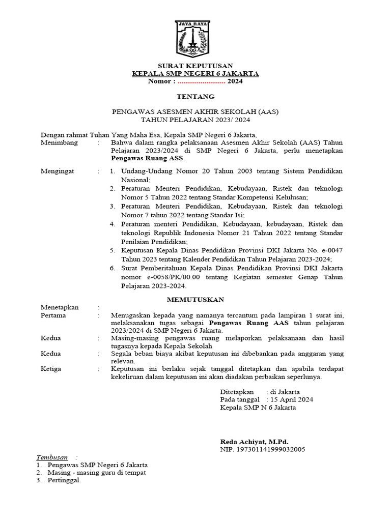 SK Pengawas Ruang AAS 2024-smpn6 | PDF