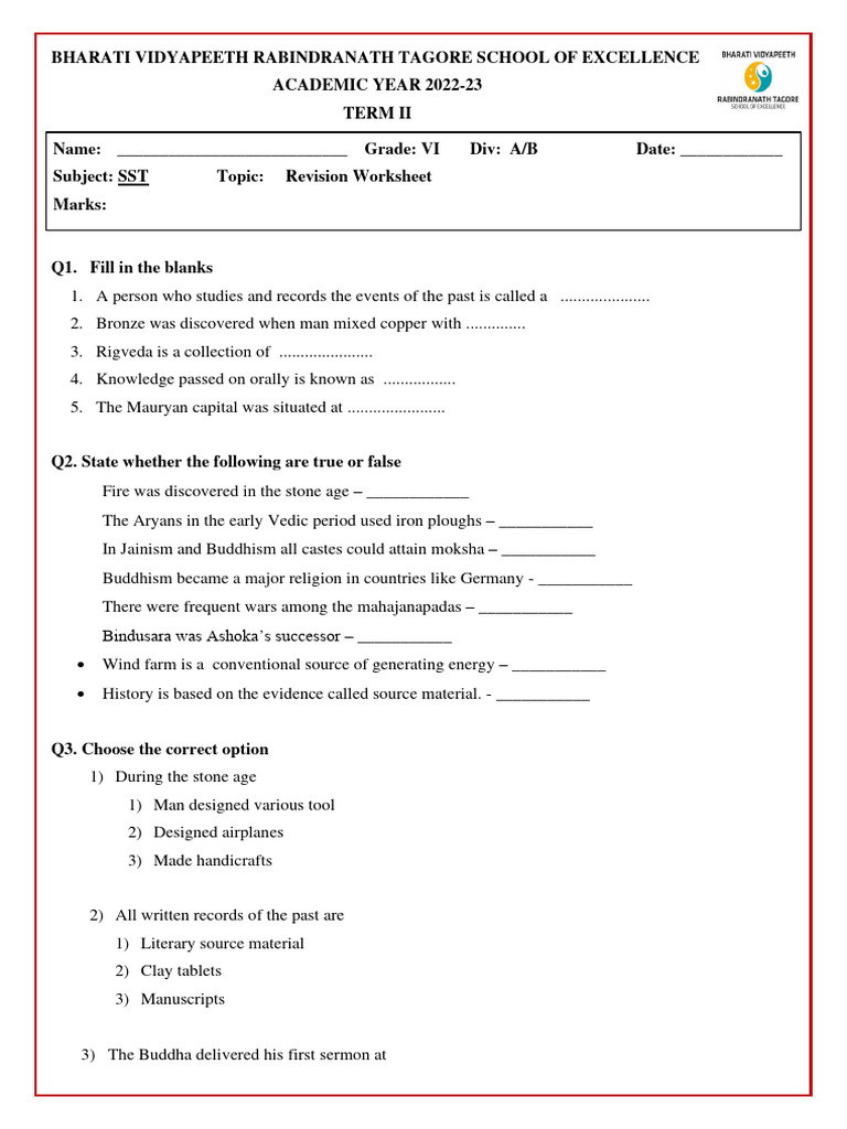 SST Grade6 - Revision Worksheet | PDF | Indian Philosophy | Indian ...