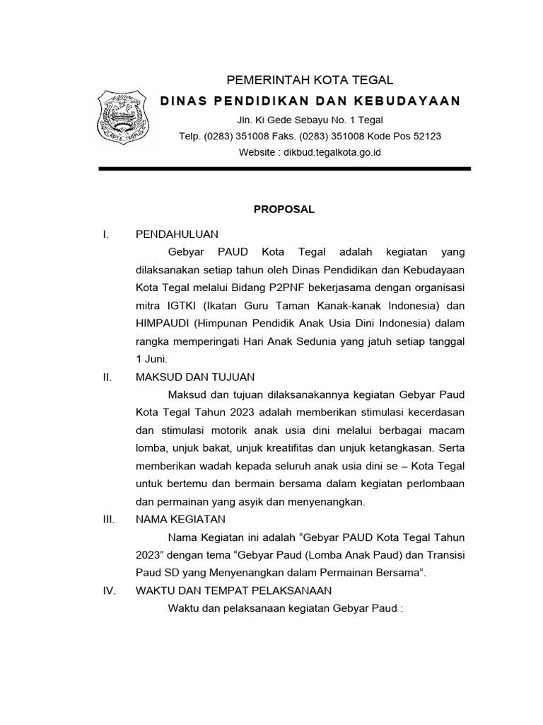 Contoh Proposal Gebyar Paud 2023 | PDF Contoh Proposal Gebyar Paud 2023 | PDF