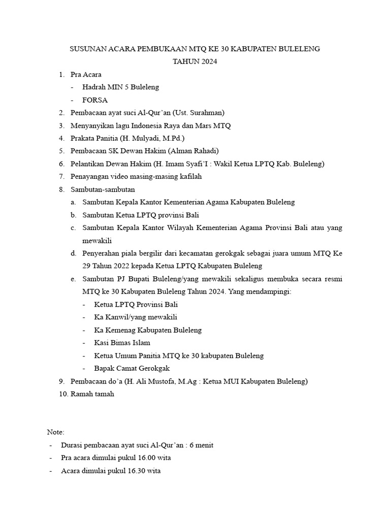 Susunan Acara Pembukaan MTQ Ke 30 Kabupaten Buleleng | PDF