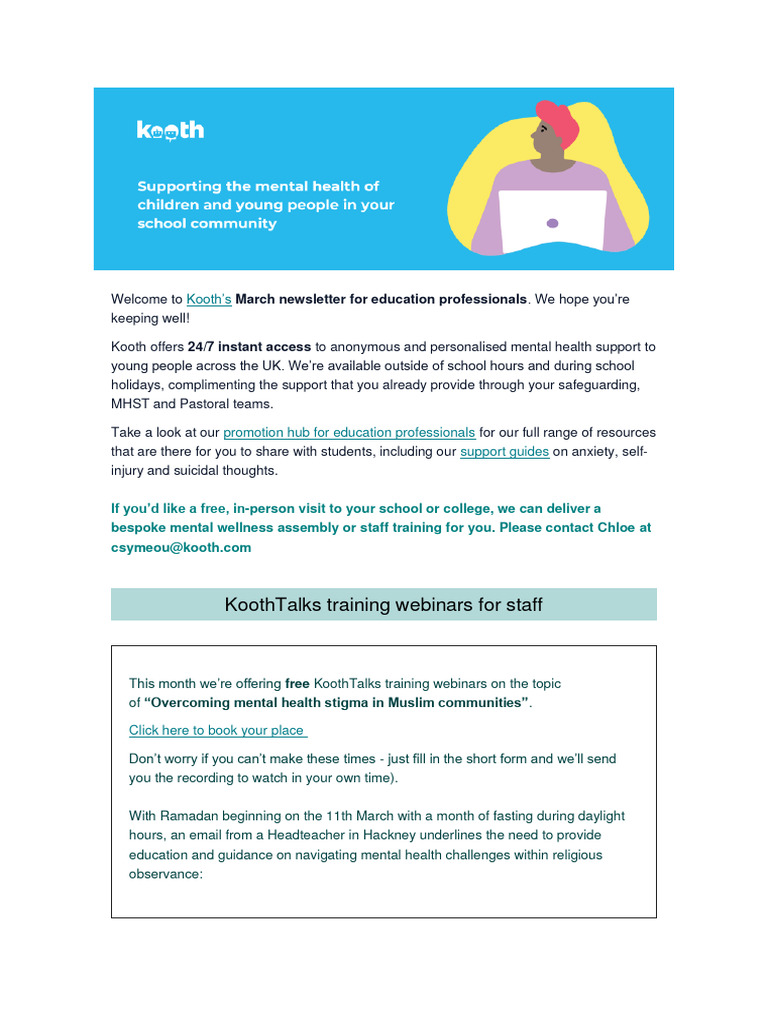 Kooth - March Newsletter (Education) | PDF | Schools | Mental Disorder