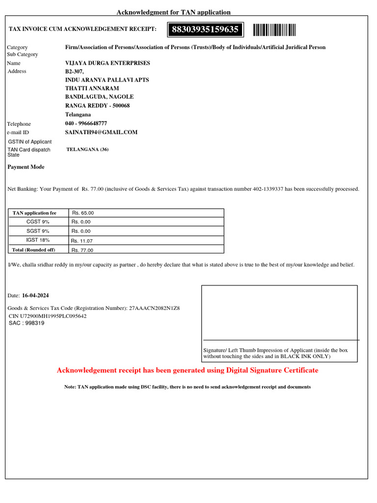 Acknowledgment For TAN Application: Acknowledgement Receipt Has Been ...