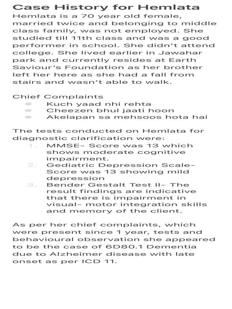 Hemlata's Alzheimer's Case History | PDF | Self-Improvement