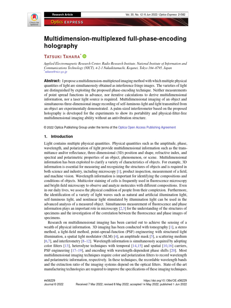 Tahara, T. Multidimension-Multiplexed Full-Phase-Encoding Holography. OPT EXPRESS | PDF ...