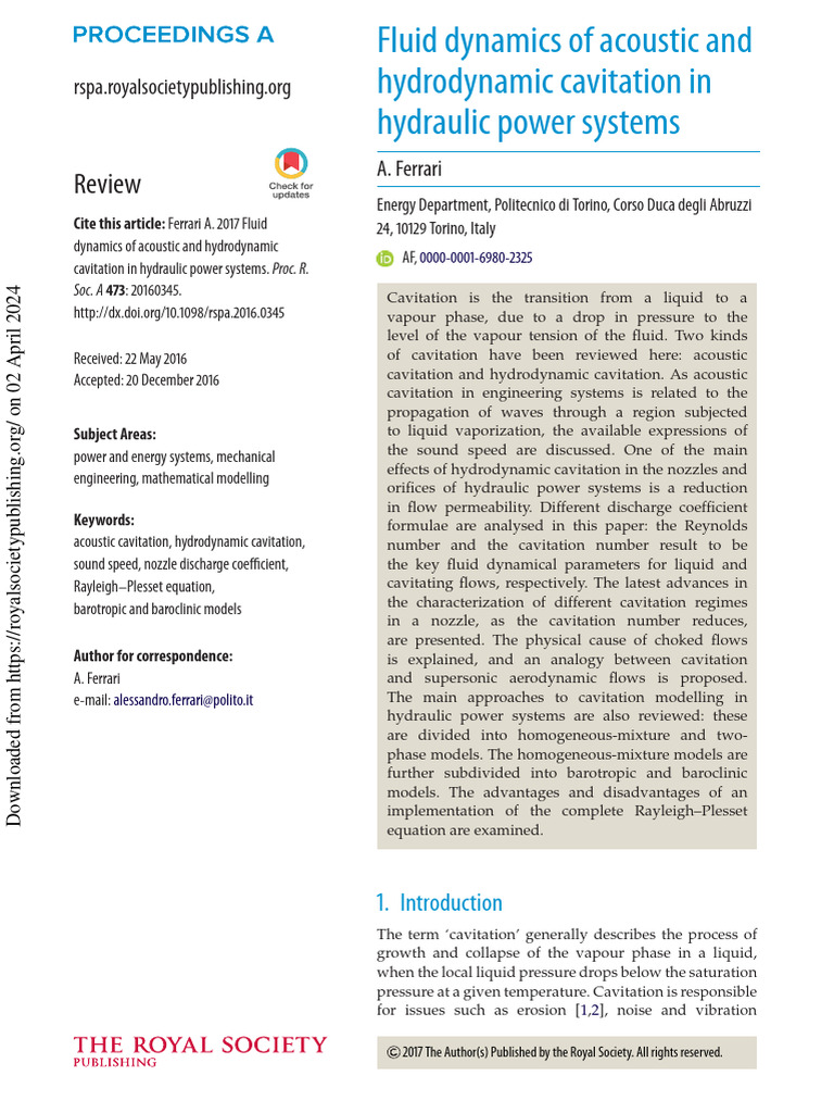 Ferrari 2017 Fluid Dynamics of Acoustic and Hydrodynamic Cavitation in Hydraulic Power Systems ...
