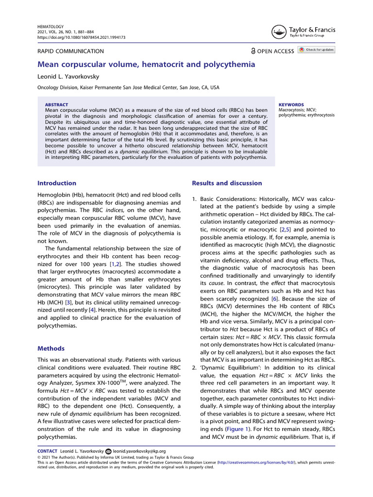 Mean Corpuscular Volume Hematocrit and Polycythemi | PDF | Anemia ...