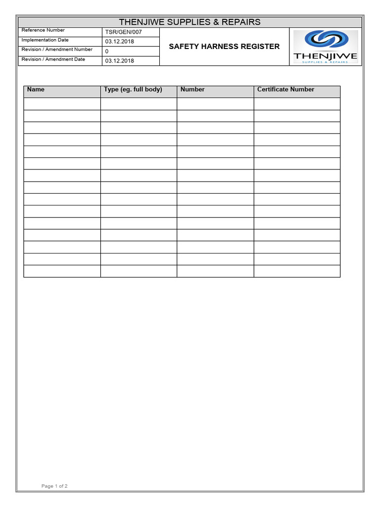 Safety Harness Register - 0 | PDF