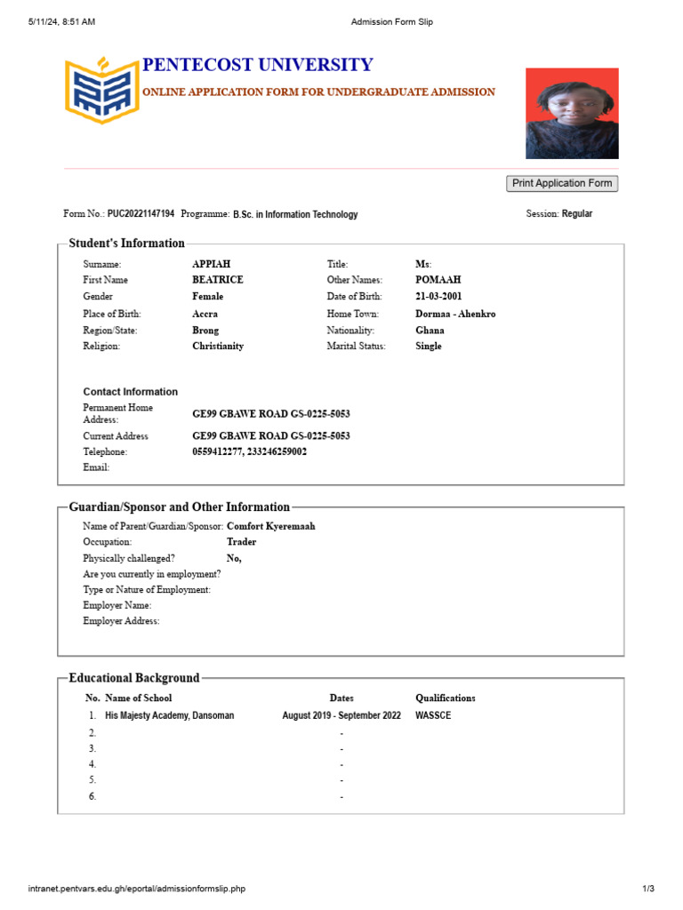 Pentecost University Admission Form | PDF