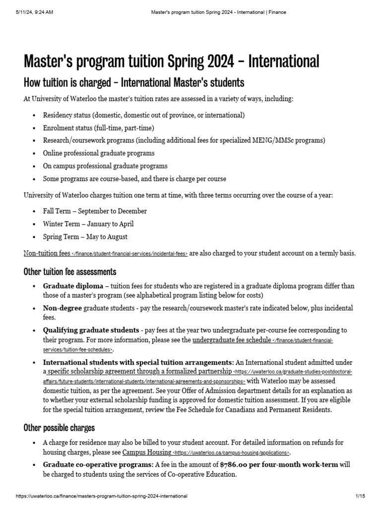 Master's Program Tuition Spring 2024 - International - Finance | PDF | Postgraduate Education | Fee