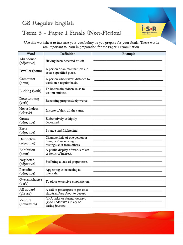 (Handout 1) G8 Regular English - Paper 1 Final Vocab Sheet | PDF ...