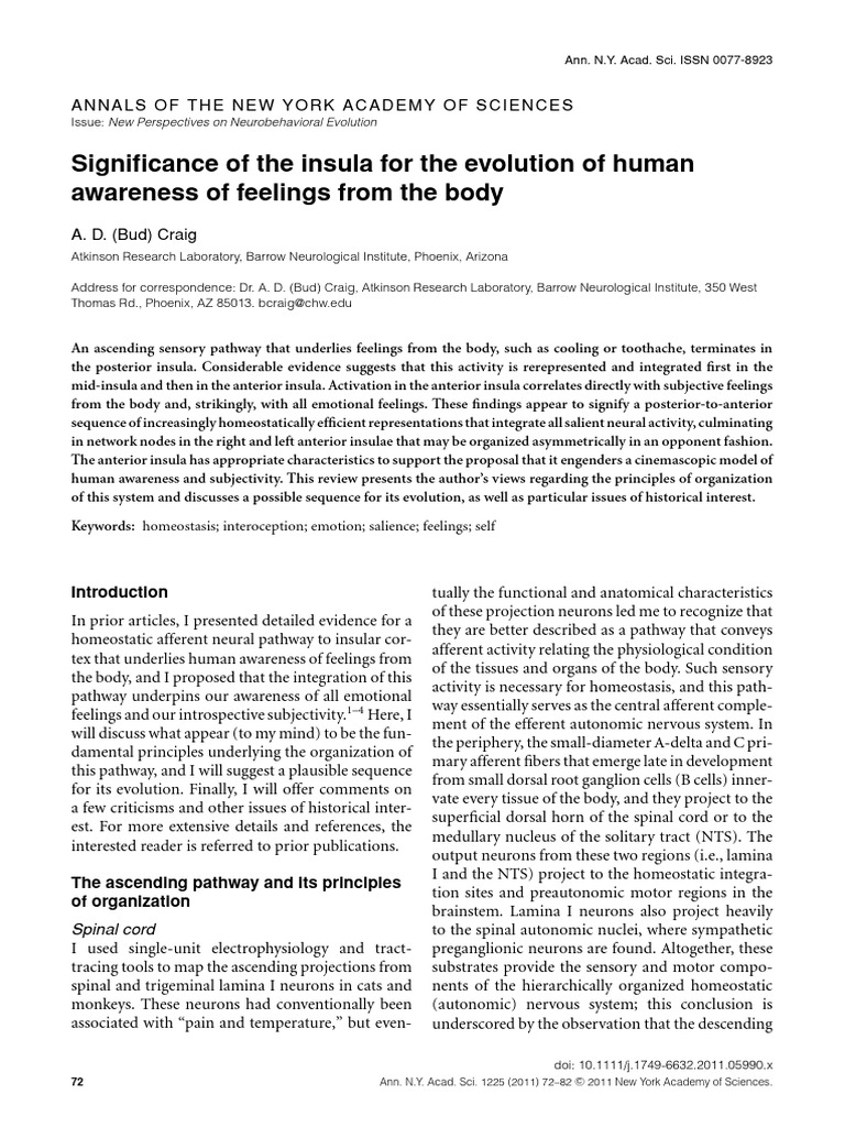 Paper Significance of The Insula For The Evolution of Human Awareness of Feelings From The Body ...