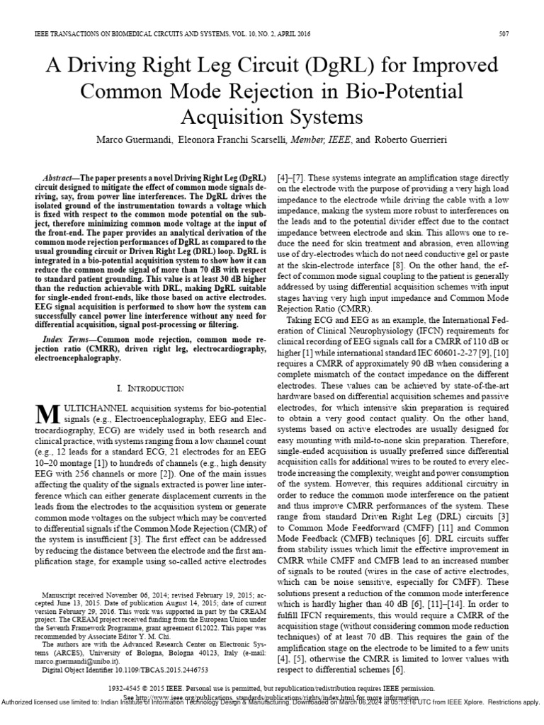 A Driving Right Leg Circuit DGRL For Improved Common Mode Rejection in ...