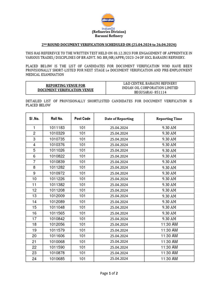 (Refineries Division) Barauni Refinery 2 ROUND DOCUMENT VERIFICATION ...