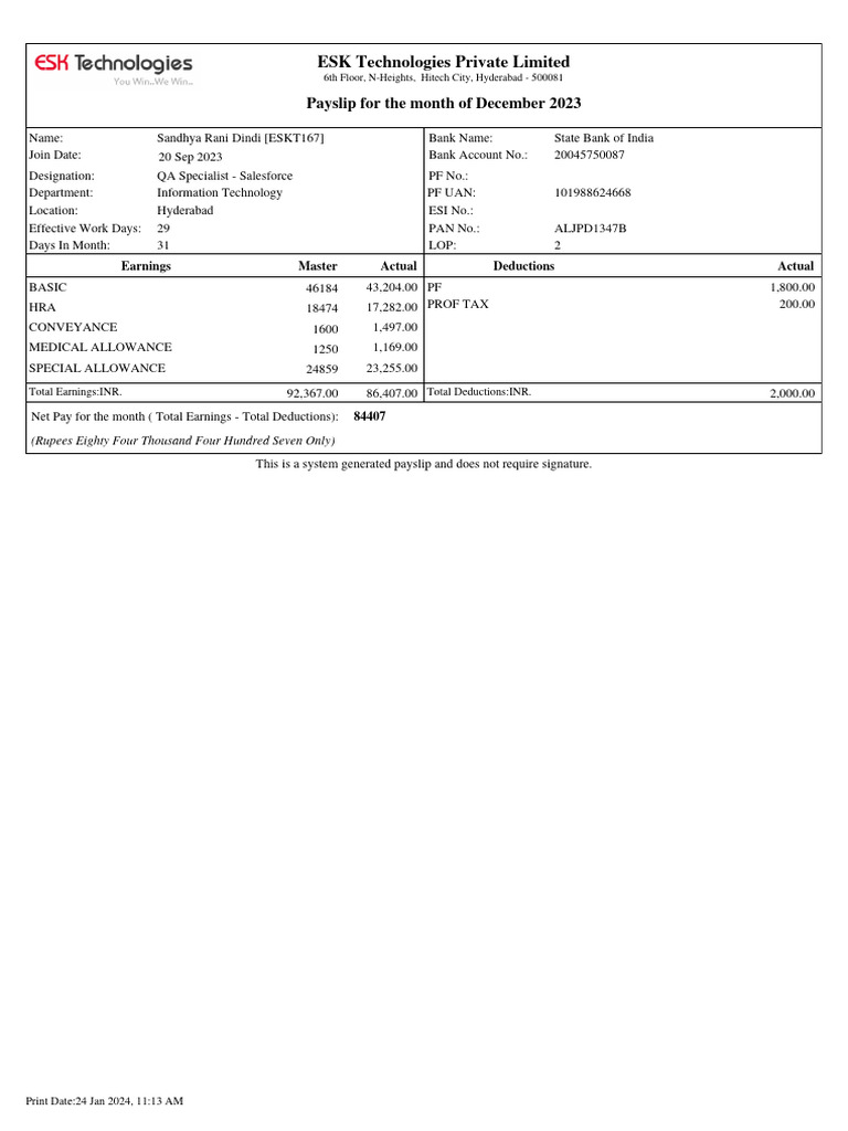 December 2023 Payslip for Sandhya Rani | PDF | Finance & Money Management