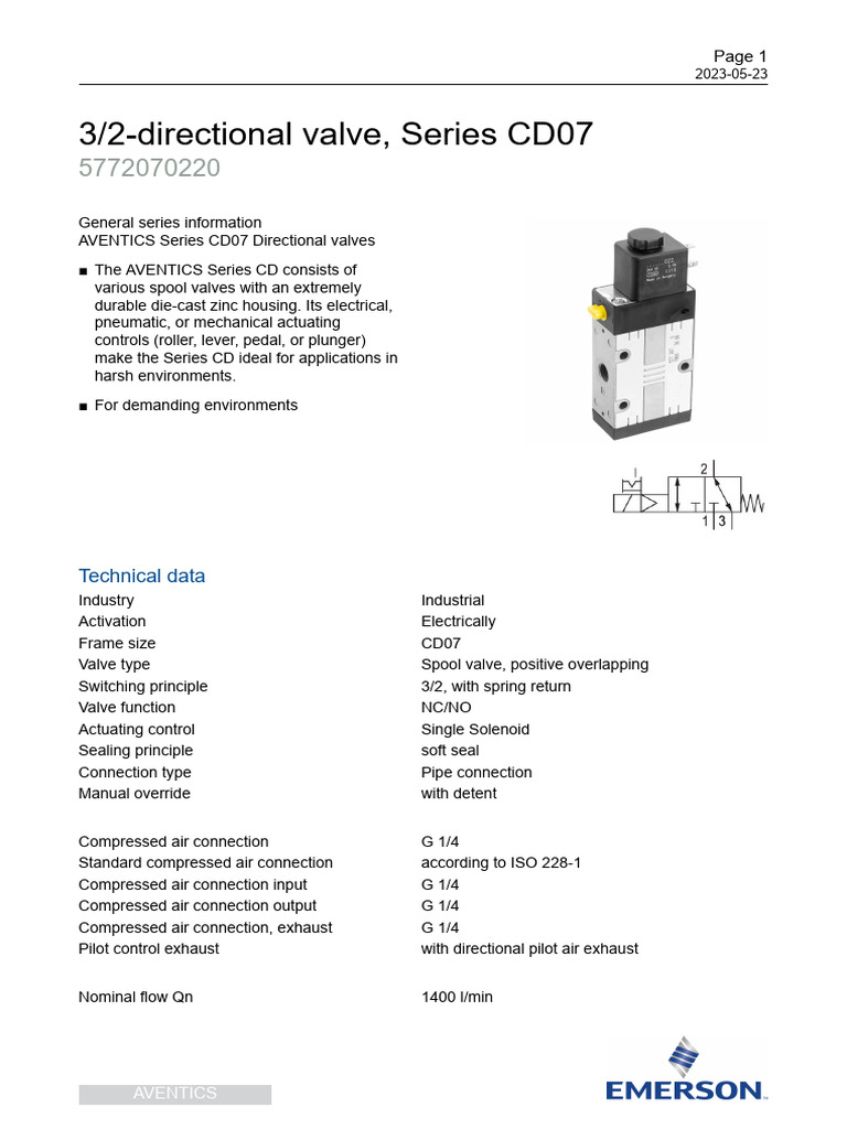 AVENTICS CD07 3/2-Directional Valve | PDF | Valve | Electrical Connector