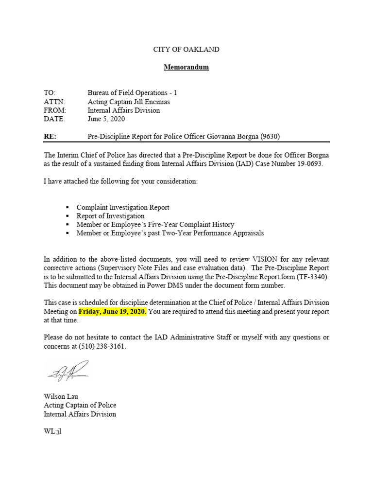 Pre-Discipline Doc (Borgna, Giovanna 9630) 19-0693 | PDF | Misconduct ...