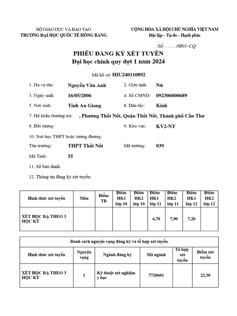 In Giay Bao Dang Ky Xet Tuyen HIU24011089223 04 2024 080911 | PDF