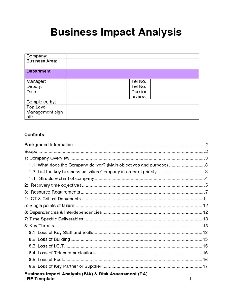 BIA PDF Template | PDF | Disaster Recovery | Risk