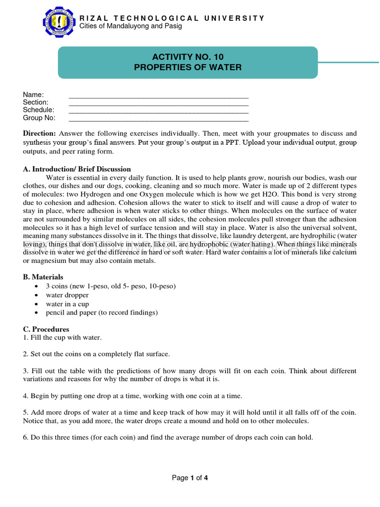 Activity 10 - Properties of Water | PDF | Water | Properties Of Water