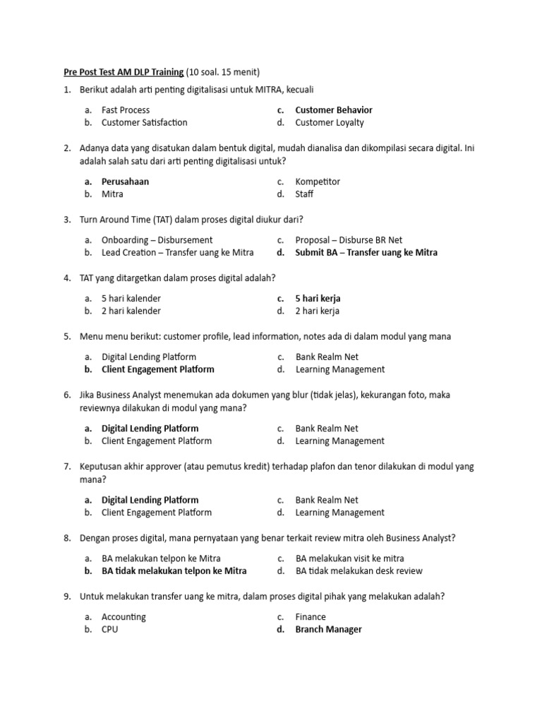 Pre Post Test AM DLP Training | PDF