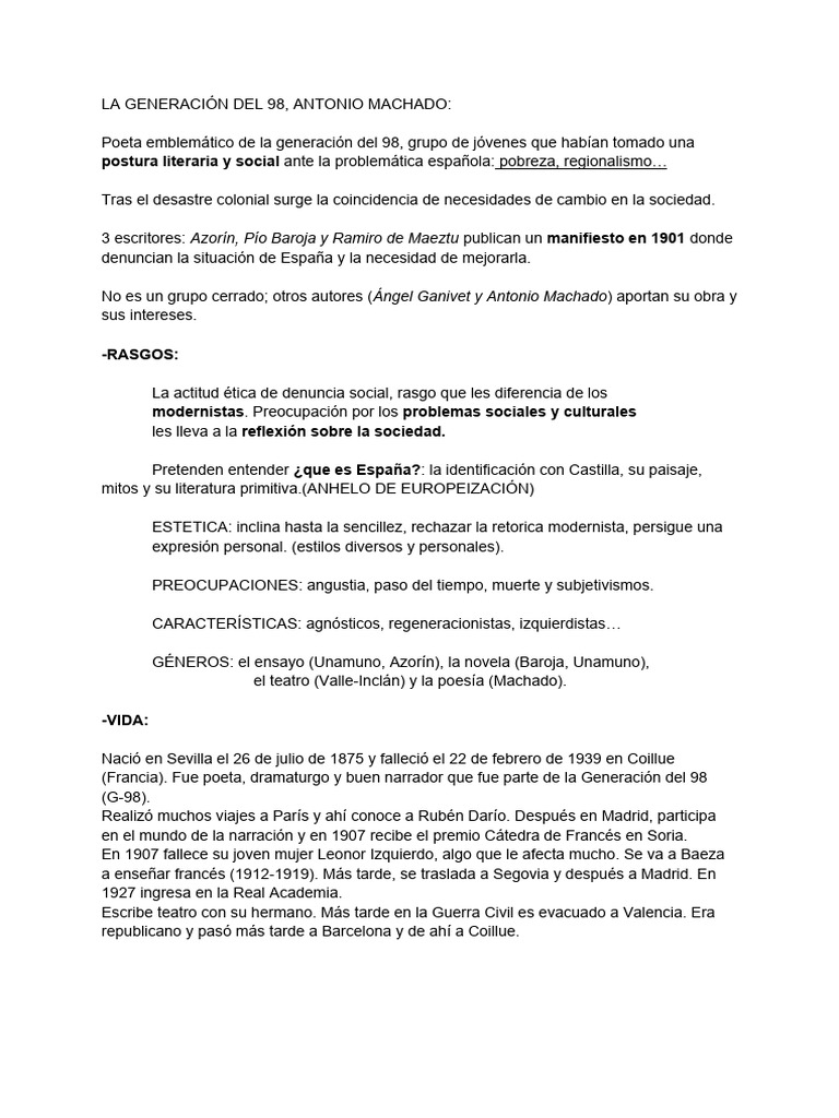 La Generación Del 98, Antonio Machado | PDF