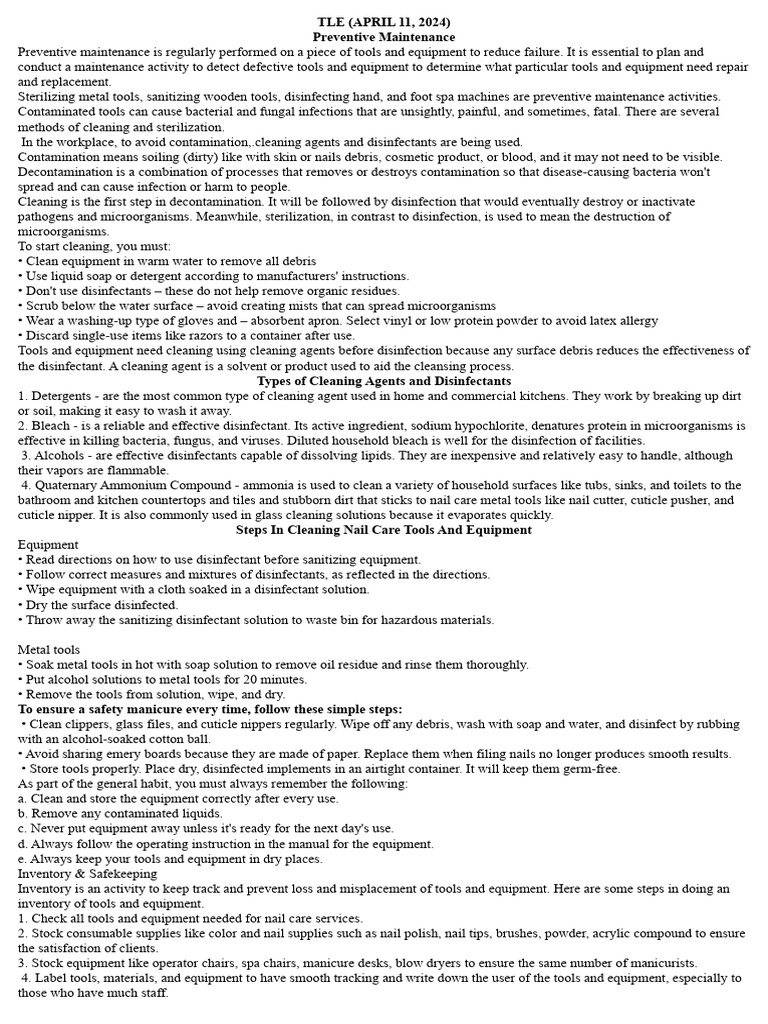 TLE April 11 2024 1 | PDF | Disinfectant | Sterilization (Microbiology)