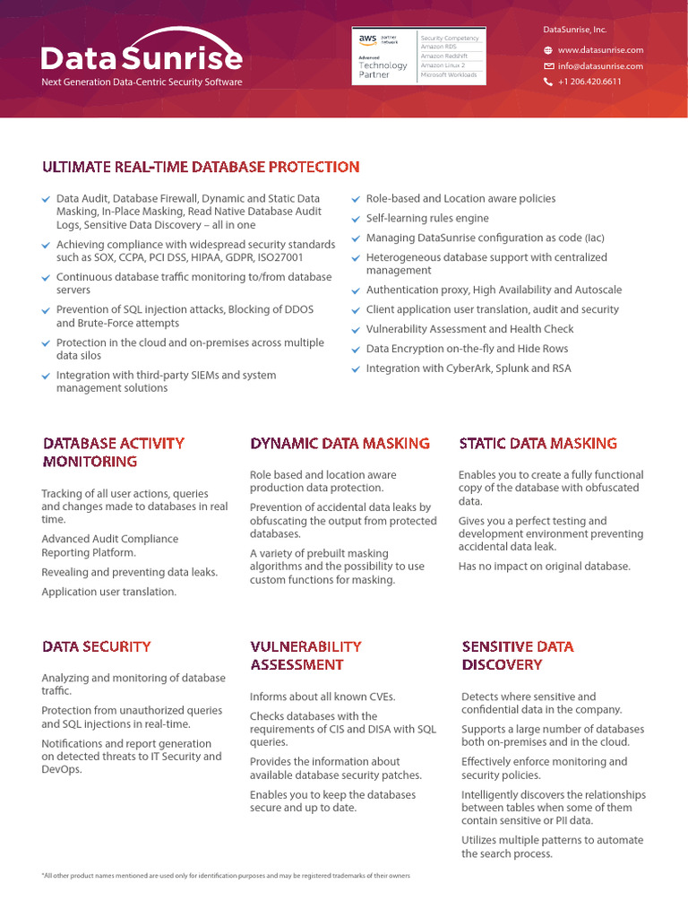 DataSunrise Datasheet | PDF | Databases | Cloud Computing