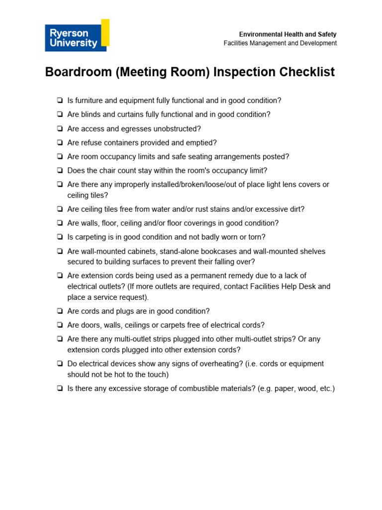 Boardroom Meeting Room Inspection Checklist | PDF | Home & Garden