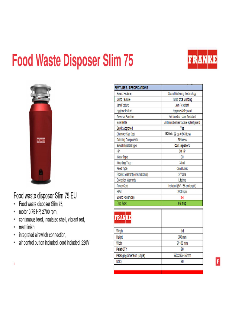 Franke Waste Disposal Slim75 Specification | PDF