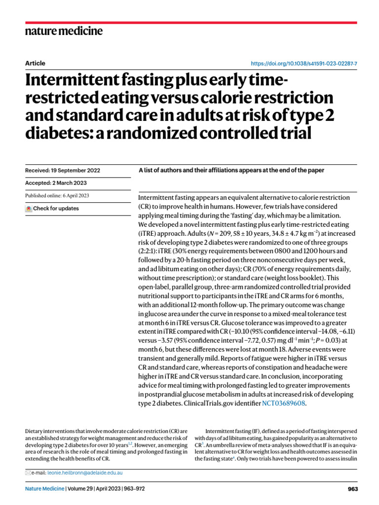 Intermittent Fasting Plus Early Time Restricted Eating Versus Calorie Restriction And Standard