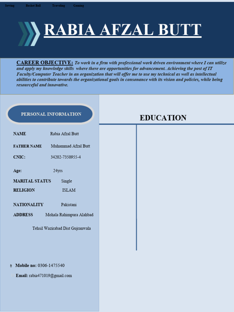 Rabia Afzal Butt: Education | PDF