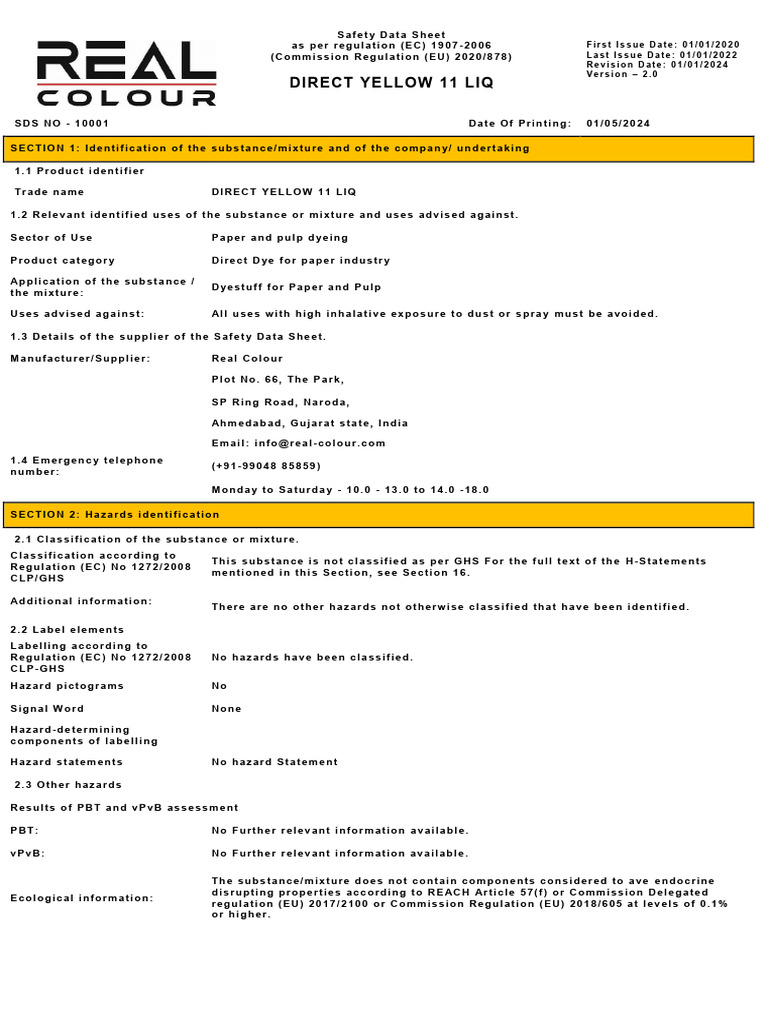 SDS Direct Yellow 11 Liq | PDF | Occupational Safety And Health | Safety