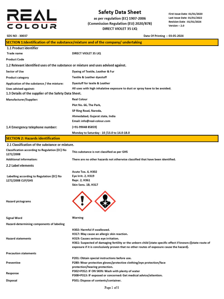 SDS Direct Violet 35 Liq | PDF | Occupational Safety And Health