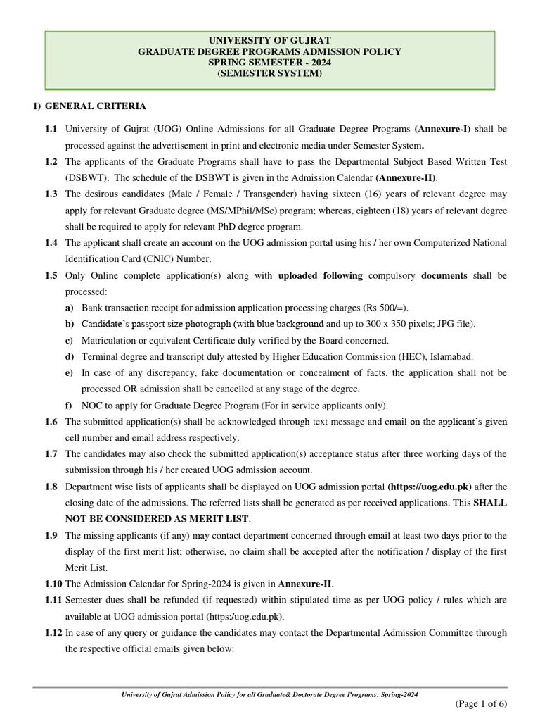 UOG Graduate Admission Policy 2024 | PDF | Academic Degree | Doctor Of ...