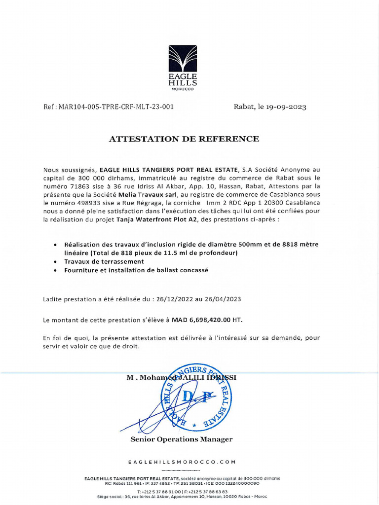 MAR104 005 TPRE CRF MLT 23 001 - MELIA Travaux Attestation de Reference ...