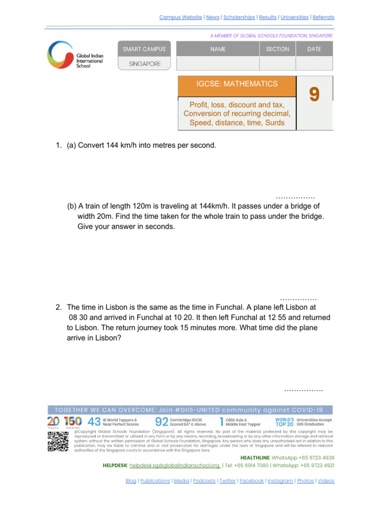 WS - IGCSE - MATH - CT1 - QP - Number Revision 2 - 2024-25 | PDF | Speed