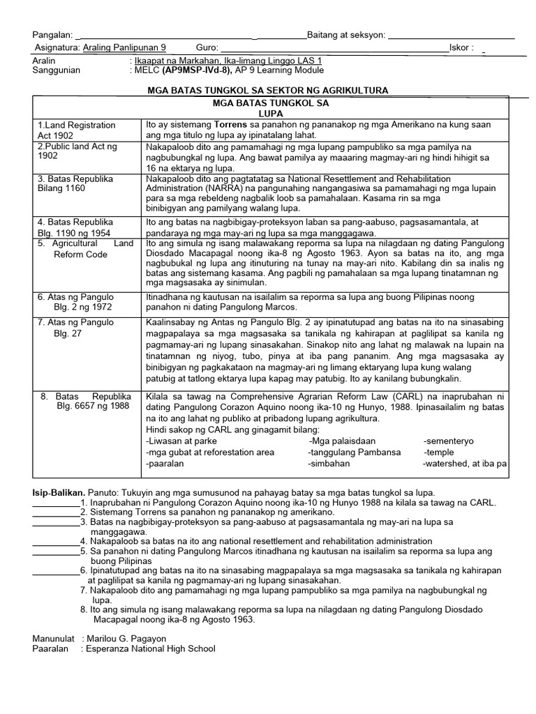 AP9 Q4 LAS3.1-Agrikultura | PDF