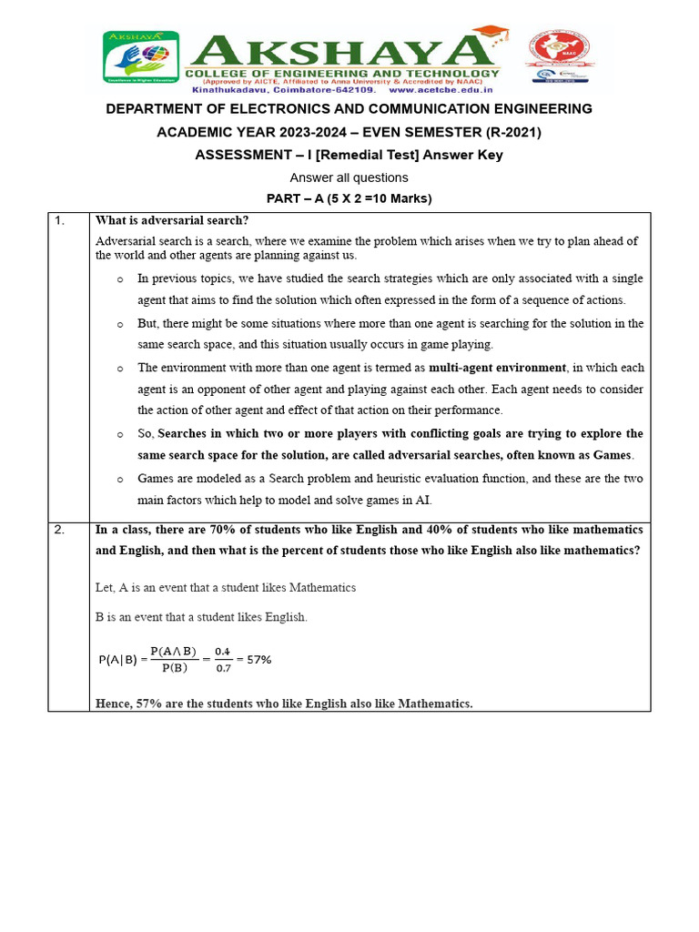 AIML CIA II Question Paper ECE Remedial Anskey | PDF | Support Vector ...