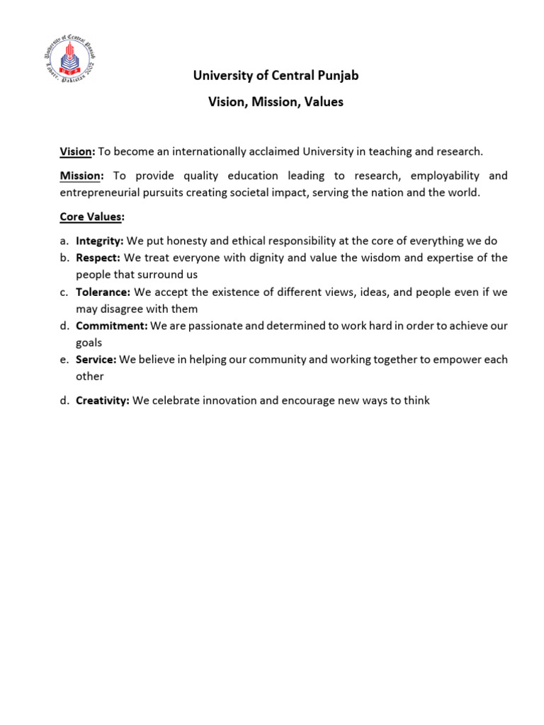 UCP Vision, Mission, and Core Values | PDF | Art