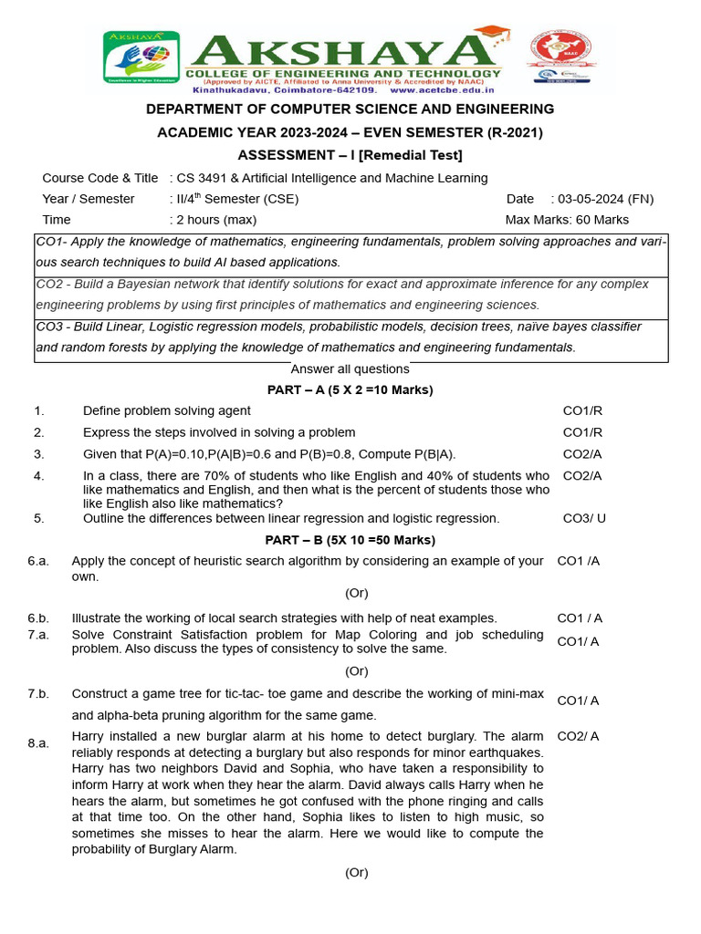 AIML CIA I Question Paper Remedial | PDF | Artificial Intelligence ...