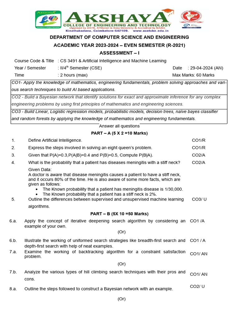 AIML CIA I Question Paper | PDF | Artificial Intelligence ...