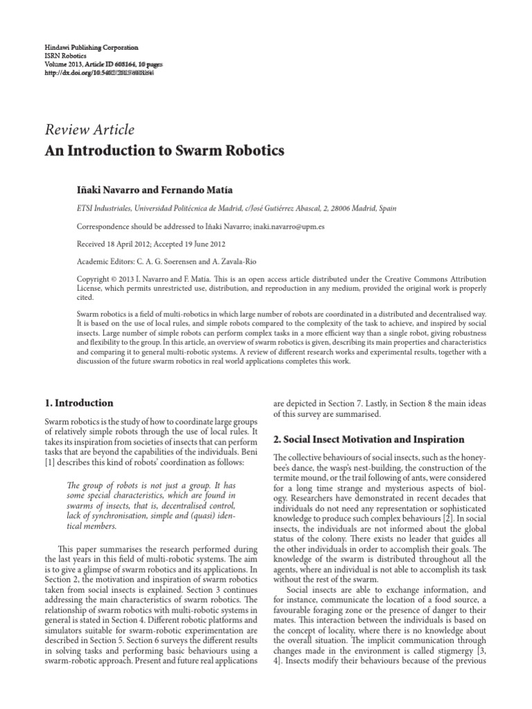 An Introduction To Swarm Robotics - 2013 | PDF | Robot | Robotics