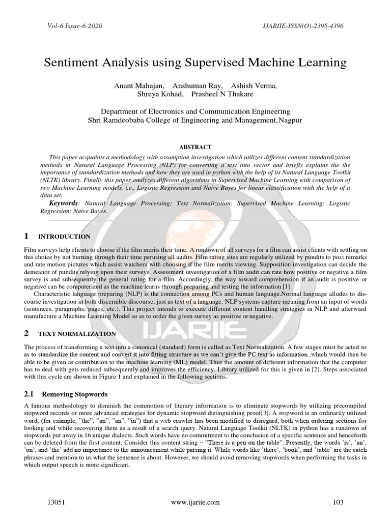Sentiment Analysis Using Supervised Machine Learning Ijariie13051 Pdf
