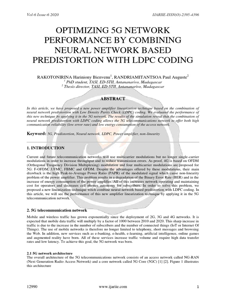 OPTIMIZING 5G NETWORK PERFORMANCE BY COMBINING NEURAL NETWORK BASED PREDISTORTION WITH LDPC ...